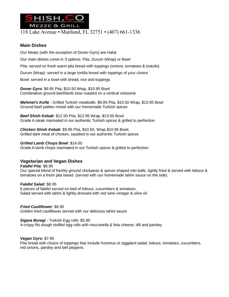 Shisco Menu | Mediterranean Street Food